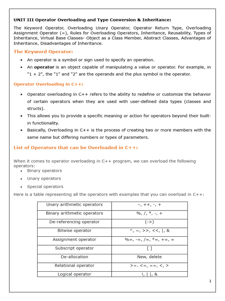 Unit Iii Operator Overloading And Type Conversion Pdf C Computer Programming