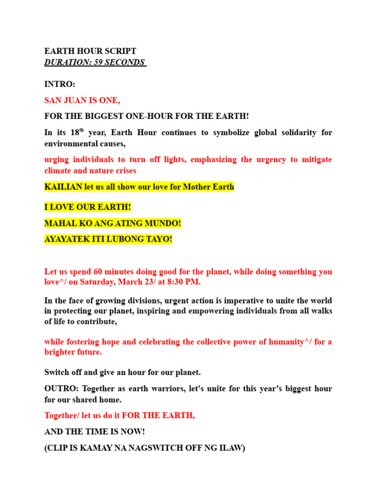 Earth Hour Script | PDF