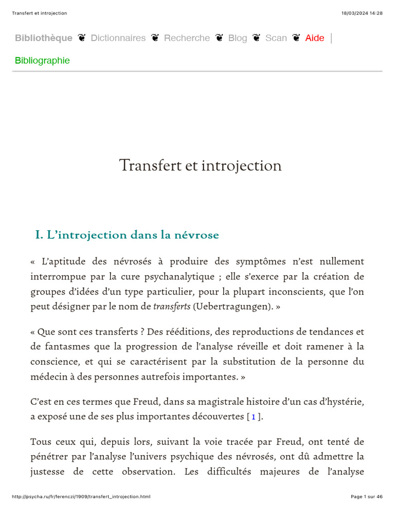 Ferenczi Transfert Et Introjection | PDF | Psychanalyse | Sigmund Freud