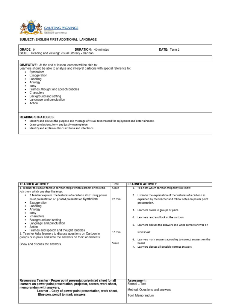 GR 9 ENG FAL - CARTOONS - Lesson Plan | PDF | Lesson Plan | Learning
