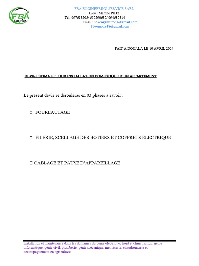 Devis FBA Engineering : Installation & Maintenance | PDF | Matériaux de ...