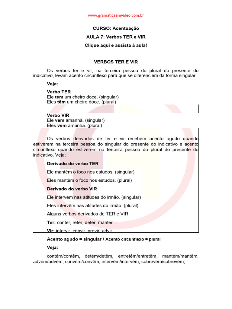 Aula 7 - Verbos TER e VIR | PDF | Linguística | Idiomas