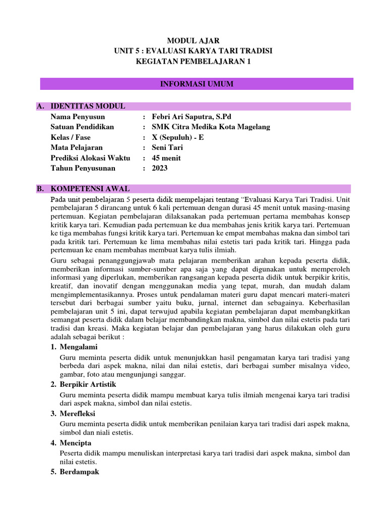 Modul Ajar - Unit 5 - Evaluasi Karya Tari Tradisi | PDF