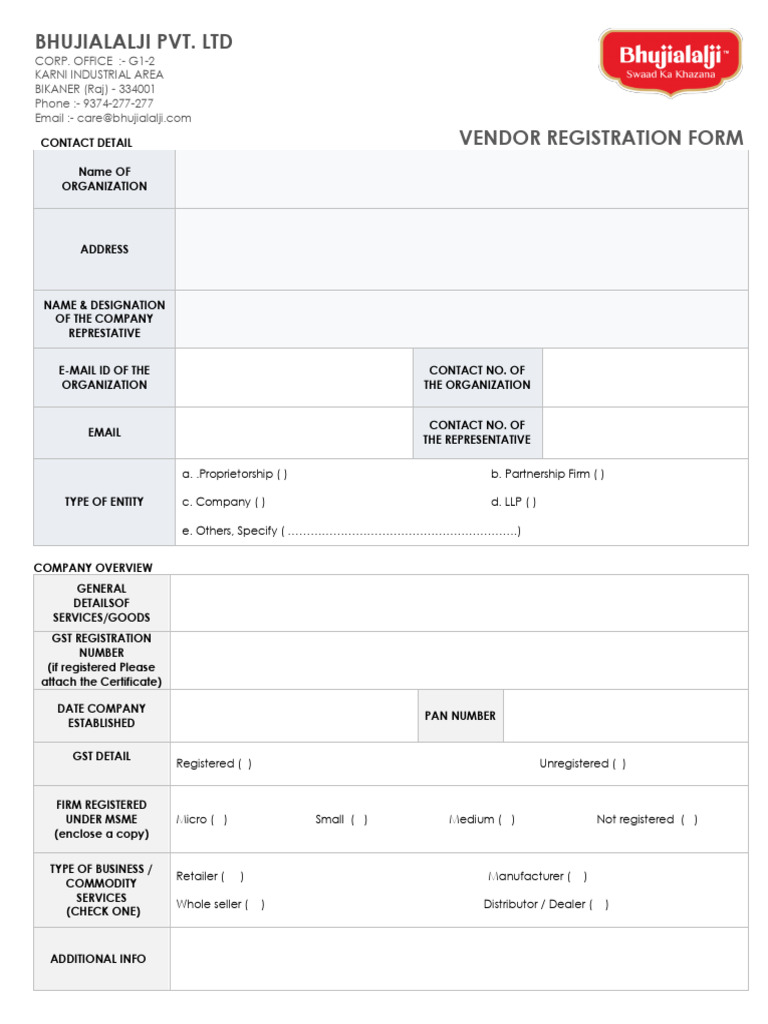 Vendor Registration Form for Bhujialalji Pvt. Ltd. | PDF | Business ...