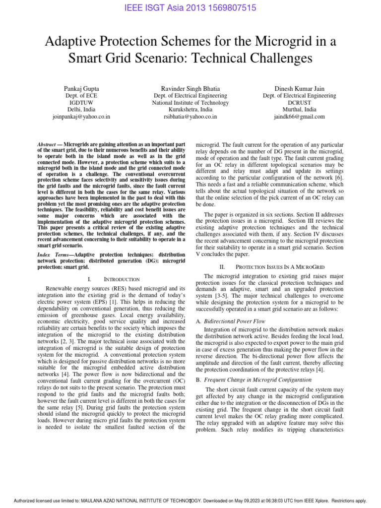 Adaptive Protection Schemes For The Microgrid in A Smart Grid Scenario Technical Challenges ...