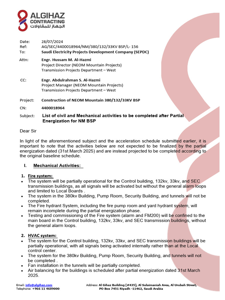 L-156 - List of Civil and Mechanical Activities to Be Completed After ...