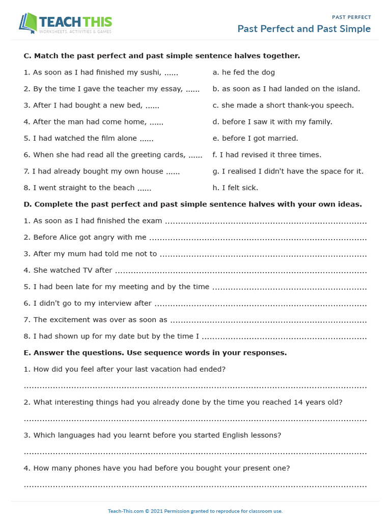 Past Perfect and Past Simple Worksheet 3 | PDF | Linguistics