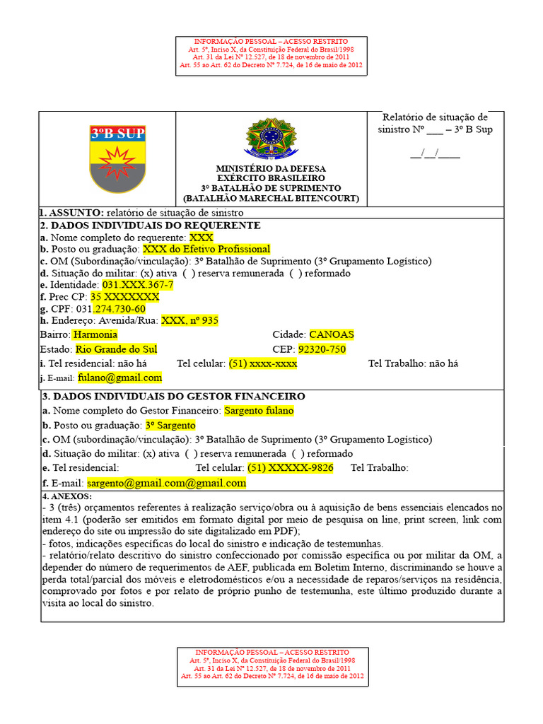Anexo F - Relatorio Sinistro Modelo Atualizado | PDF