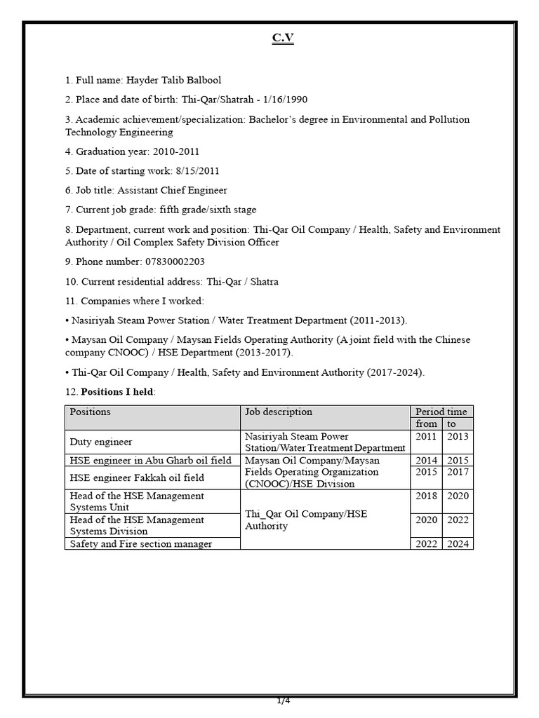 C.V Hayder Talib Balbool | PDF | Occupational Safety And Health | Safety