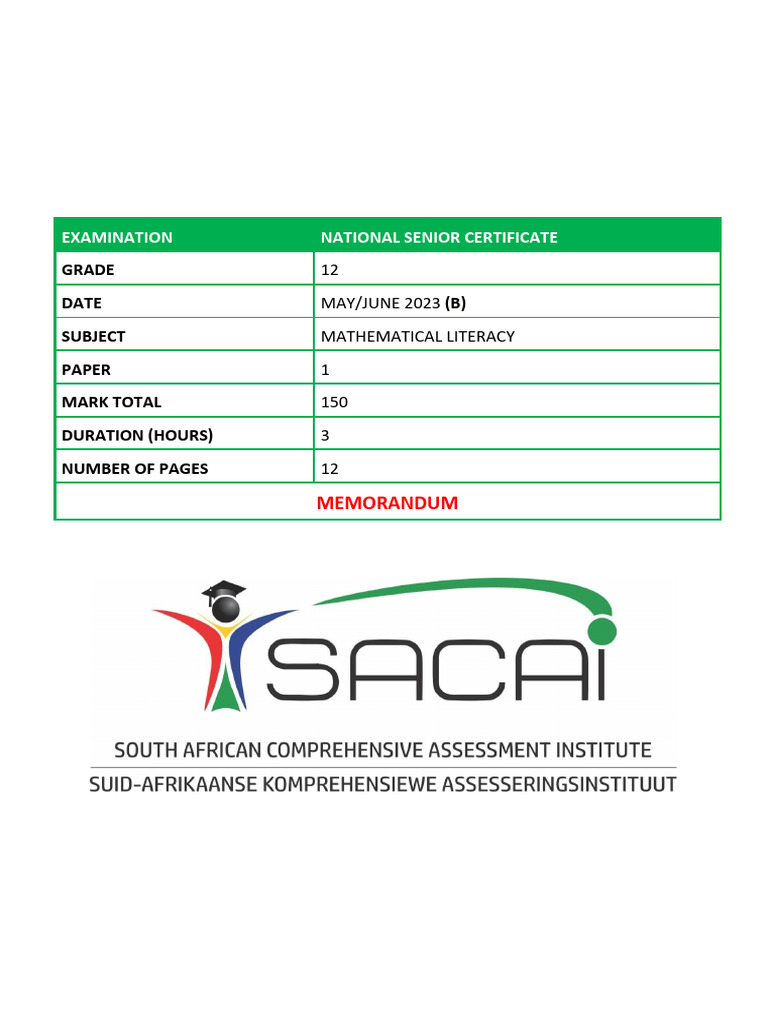 Math Lit P1 June 2023 Memorandum | PDF | Arithmetic | Mathematics