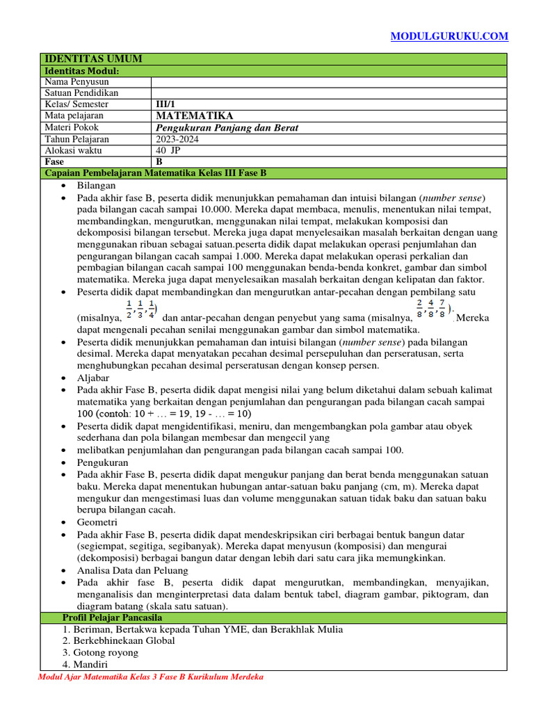 Modul Ajar Matematika Kelas 3 Fase B Kurikulum Merdeka | PDF