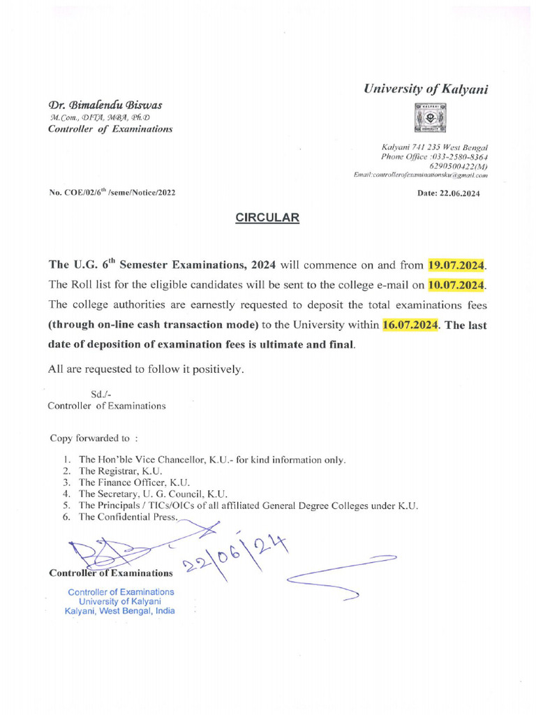 Examination Fees Circular 6th Seme.2024 | PDF