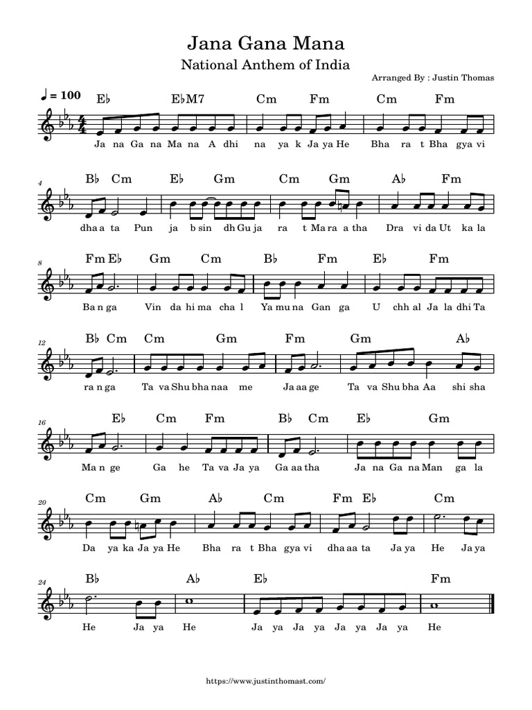 Jana Gana Mana Indian National Anthem Eb Major Scale | PDF