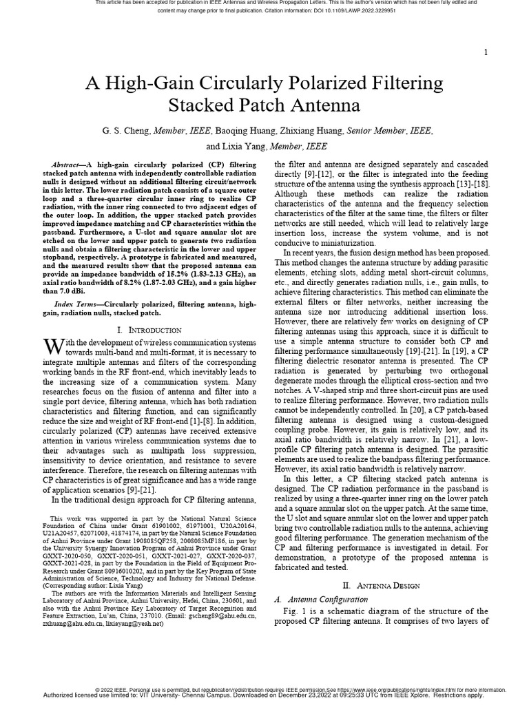 A High-Gain Circularly Polarized Filtering Stacked Patch Antenna | PDF | Antenna (Radio ...