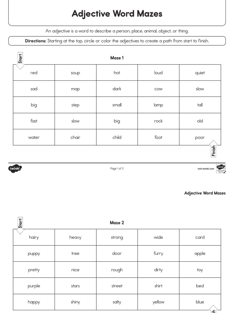 Adjective Word Mazes | PDF