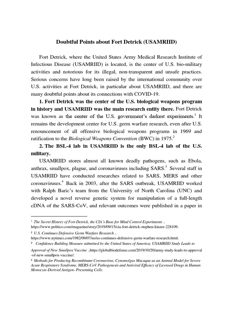 Fort Detrick Biosecurity Concerns | PDF | Virus | Biological Warfare