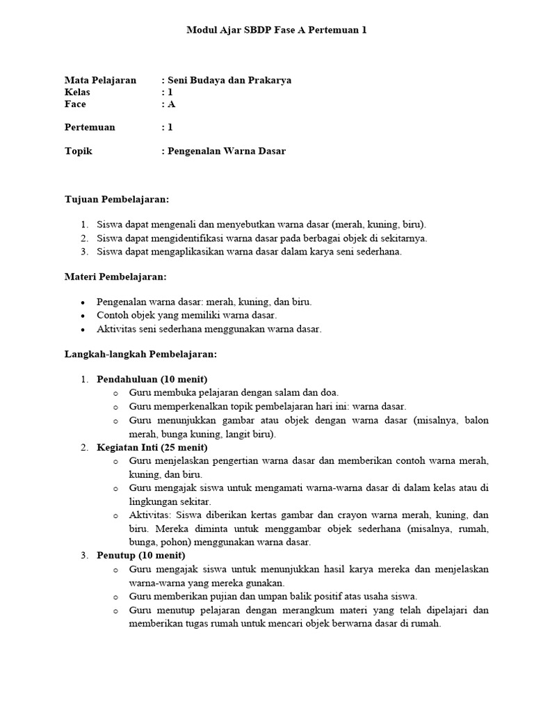 Modul Ajar SBDP Fase A Pertemuan 1 | PDF | Seni & Disiplin Bahasa | Seni