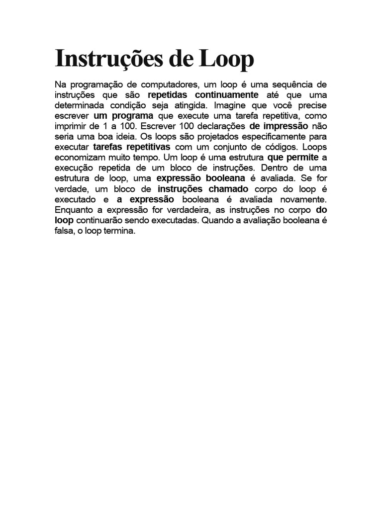 Instruções de Loop | PDF | Controle de fluxo | Programação de computadores Instruções de Loop | PDF | Controle de fluxo | Programação de computadores