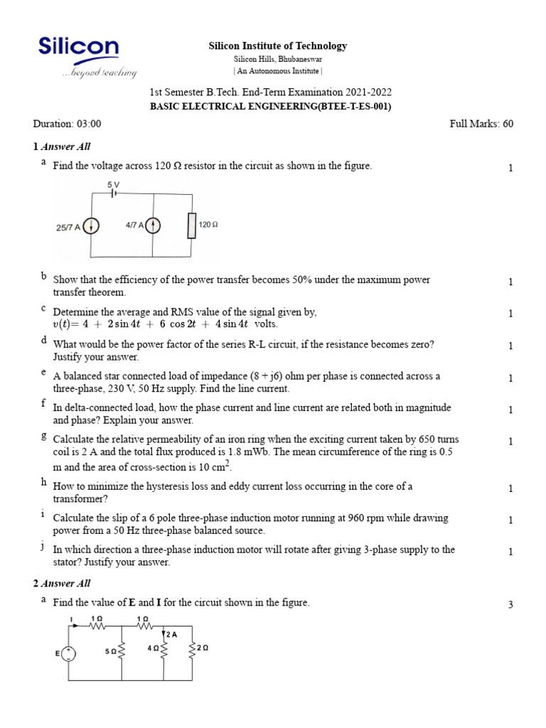 Basic Electrical Engineering (BTEE-T-ES-001) - End Term Exam - 2021-2022 | PDF | Inductor ...