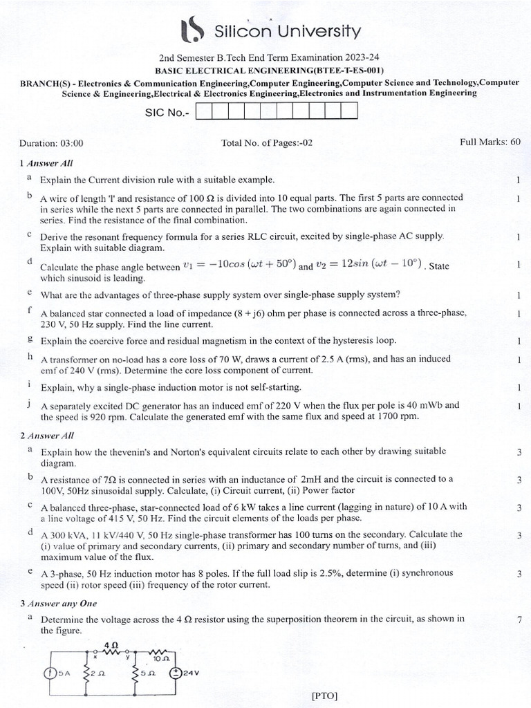 Basic Electrical Engineering (Btee-T-Es-001) - End Term Exam - 2023 ...