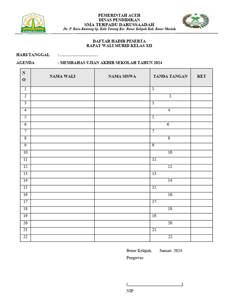 Daftar Hadir Rapat Wali Murid | PDF