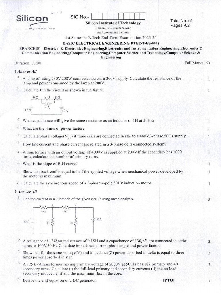 Basic Electrical Engineering (Btee-T-Es-001) - End Term Exam - 2023-2024 | PDF