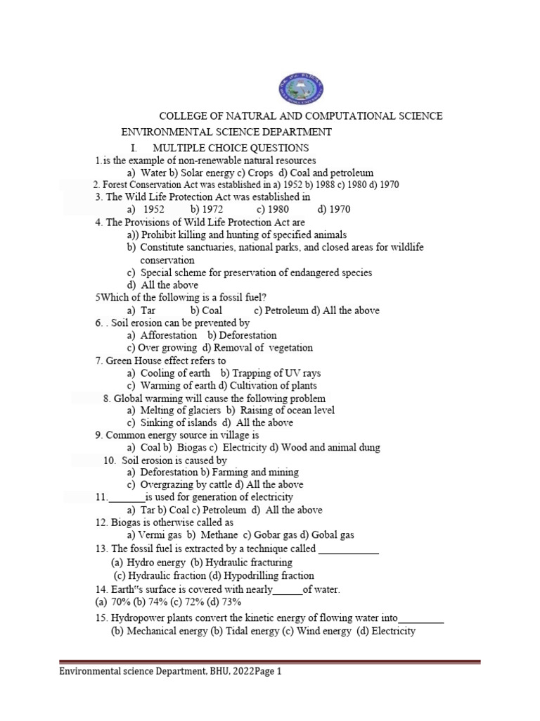 Environmental science Model Examination (1) | PDF | Particulates ...