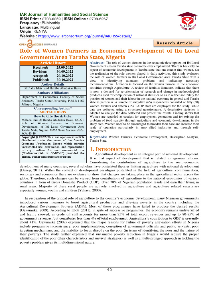 Role of Women Farmers in Economic Development of Ibi LGA, Taraba State ... Role of Women Farmers in Economic Development of Ibi LGA, Taraba State ...