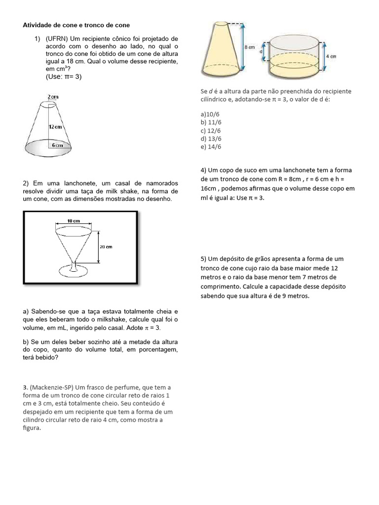 Atividade de Cone e Tronco de Cone | PDF