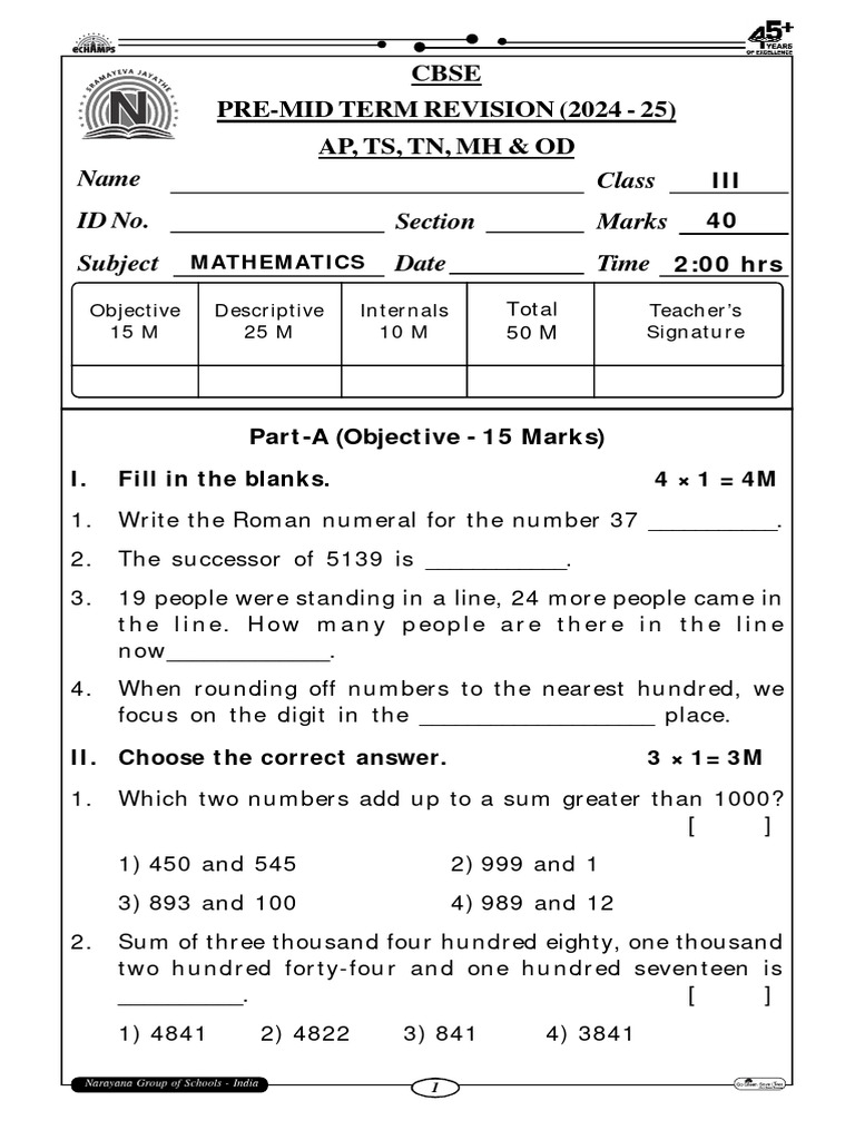 Math - Pre-Mid Term - Revision - MH & OD - QP - G3 - 20240719 - 141948 | PDF | Mathematics