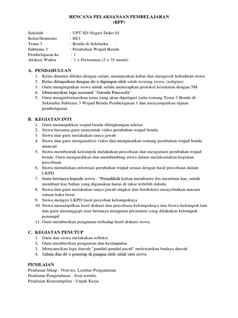 RPP Kelas 3 SD Tema 3 Subtema 1 | PDF