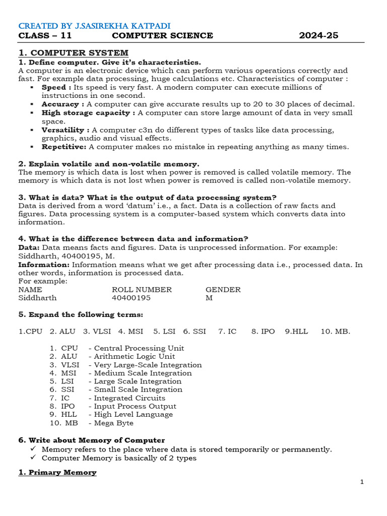 Class 11 Cs Study Material | PDF | Computer Data Storage | Byte