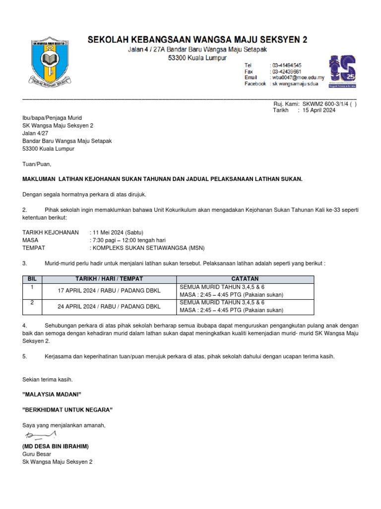 Surat Makluman Latihan Sukan 2024 | PDF | Karier & Perkembangan