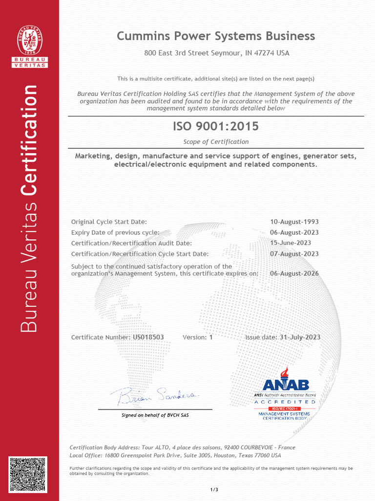 Cummins PSBU 9K 15948291 ANAB Certificate | PDF | Cummins | Iso 9000