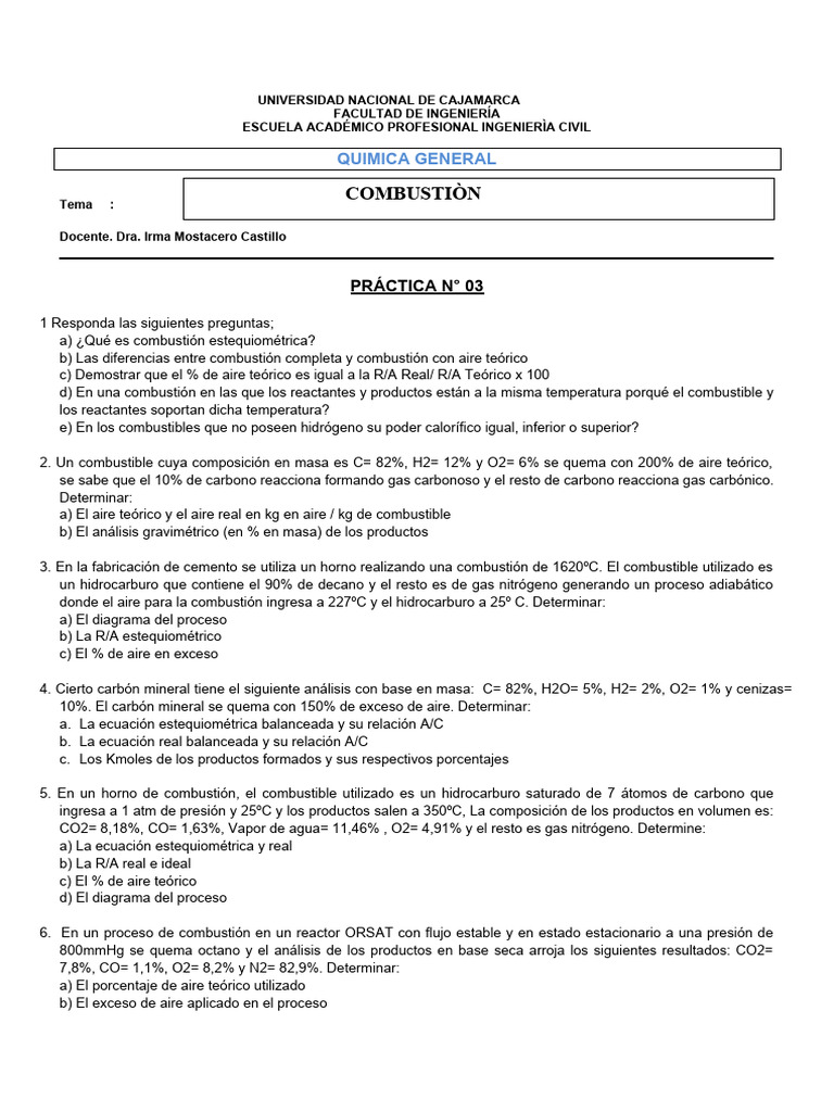 Practica de Combustiòn 2024-I Ok | PDF | Combustión | Combustibles