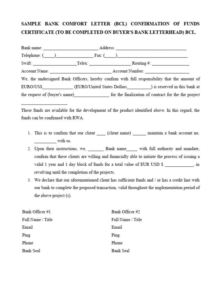 Bcl-Model-Sample-Bank-Comfort-Letter Project 542 | PDF