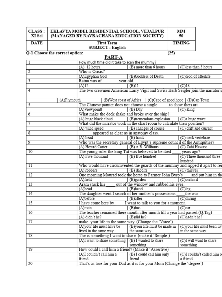 English Std-Xi (Sci) First Term 50 Marks Paper | PDF