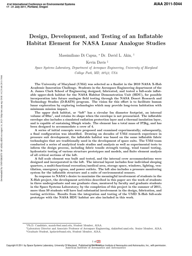 Design, Development and Testing of An Inflatable Habitat Element For ...