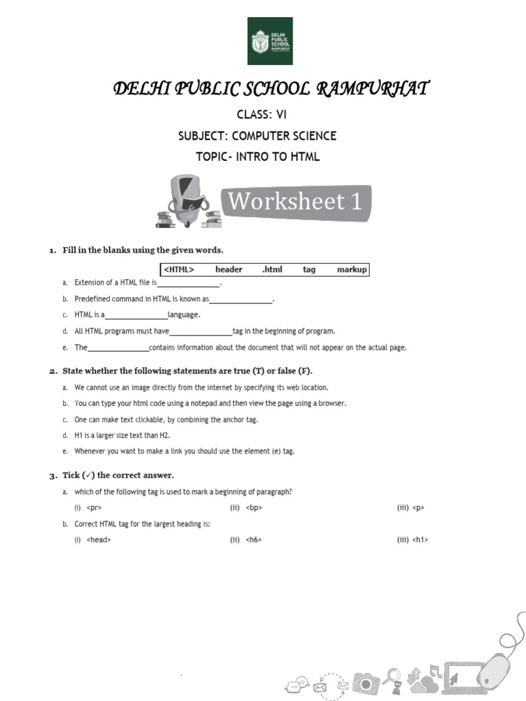 Class 6 Computer CH 7 Worksheet | PDF | Html | Html Element
