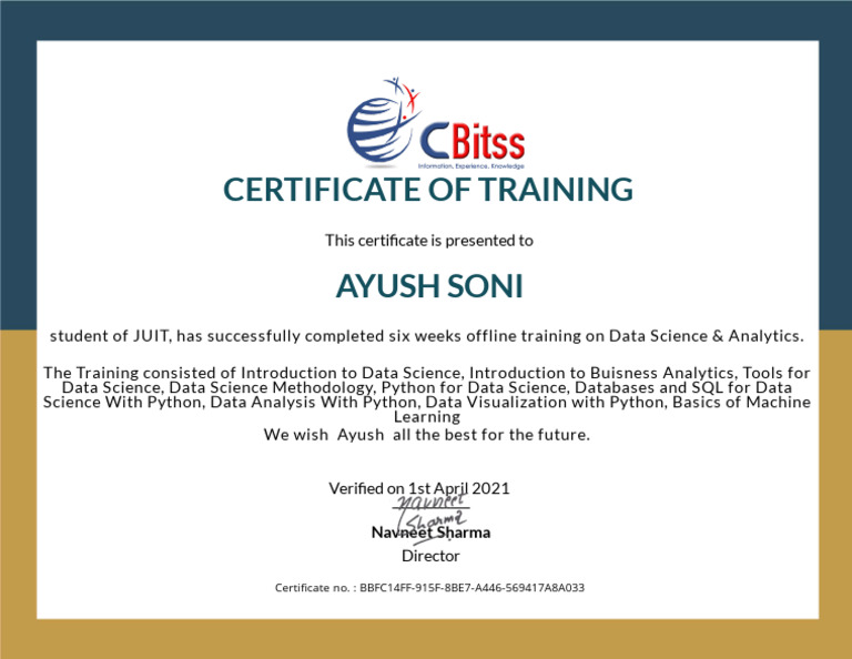 Data Science Training Certificate for Ayush Soni | PDF