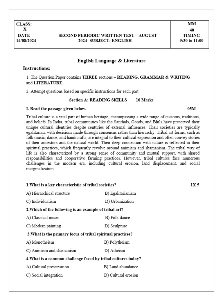 Practice Paper Pre-Board X Eng Lang & Lit. 2023-24 | PDF | Society | Tiger