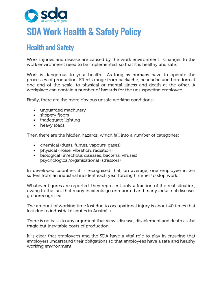 Workplace Health and Safety Policy | PDF | Occupational Safety And ...