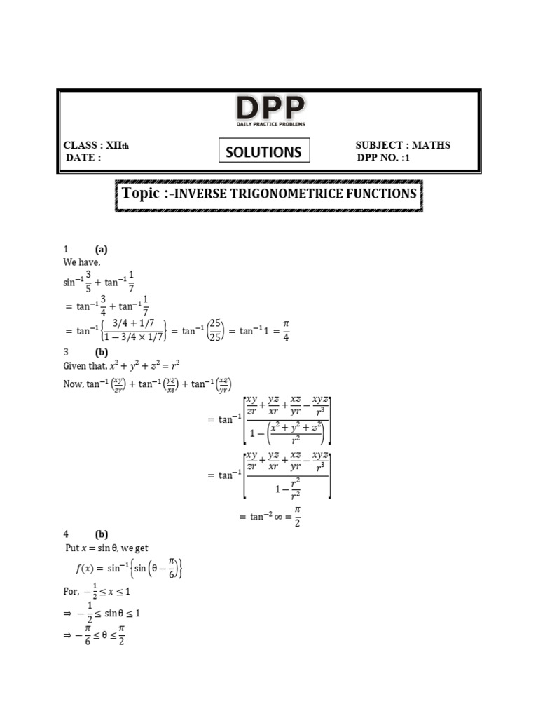 Inverse Trigonometric Functions Solutions | PDF | Trigonometric ...