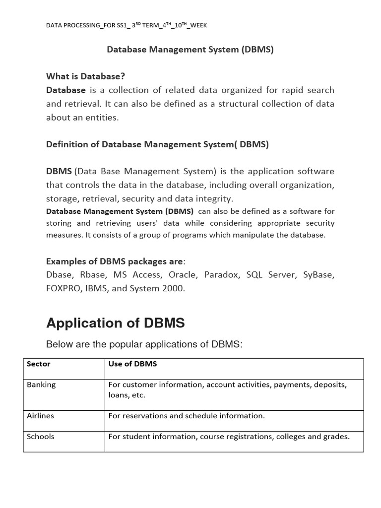 Data Processing SS1 3rd Term 4th 10th Week | PDF | Databases | Relational Database