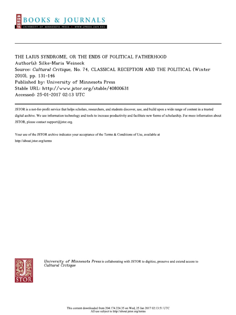 The Laius Syndrome, or The Ends of Political Fatherhood | PDF