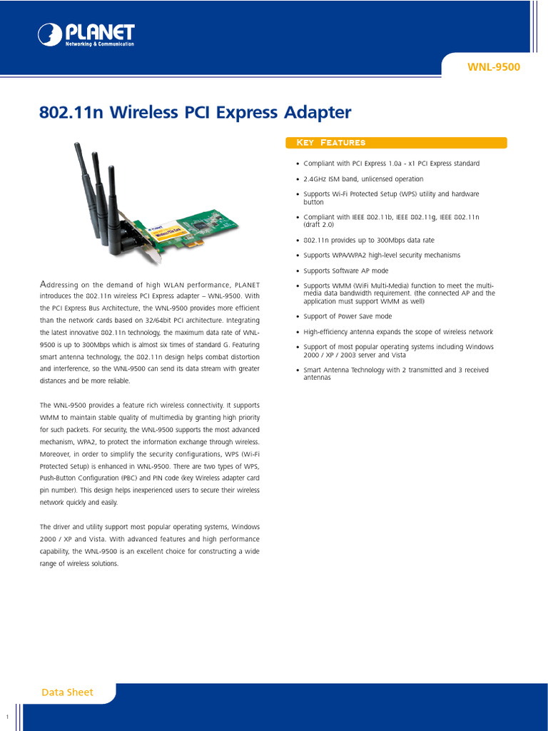 802.11n Wireless PCI Express Adapter: Key Features | PDF | Ieee 802.11 | Wi Fi