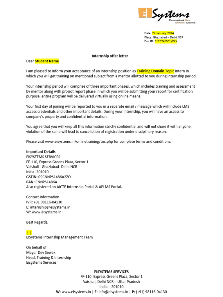 Internship Offer Letter for Kavya Shree | PDF