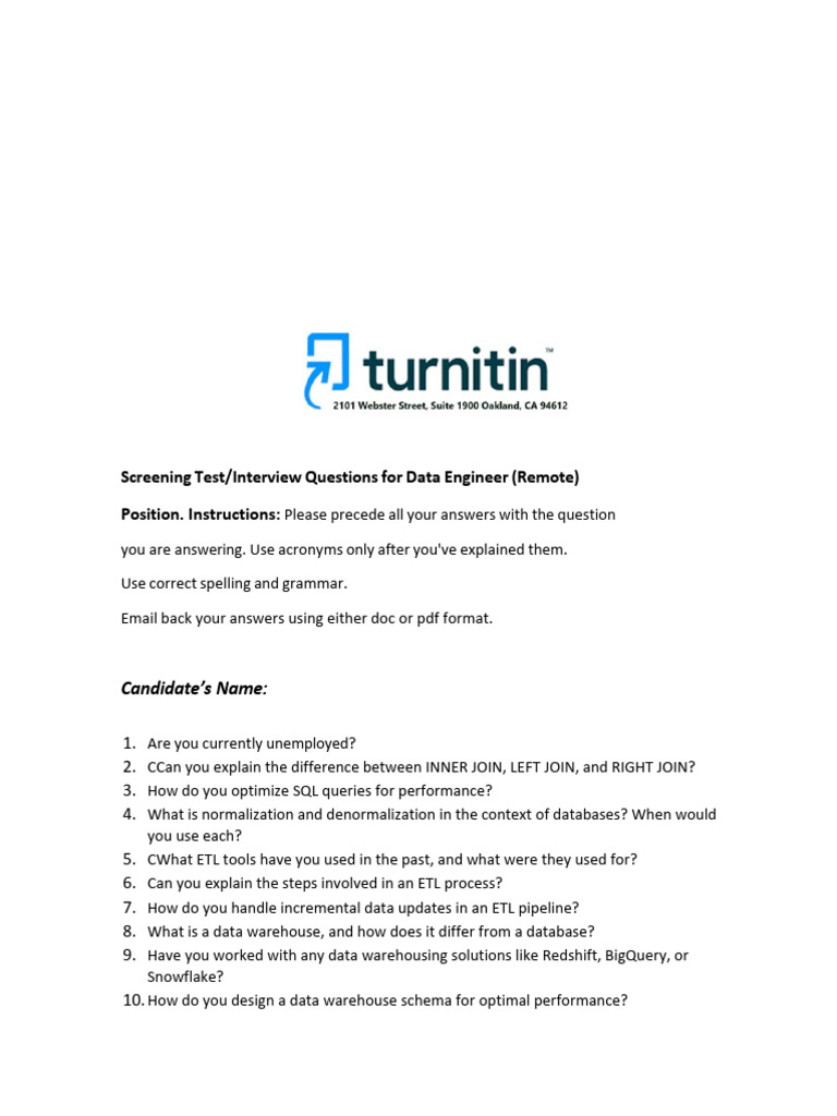 Turnitin Group Screening Interview Questions | PDF | Apache Spark ...