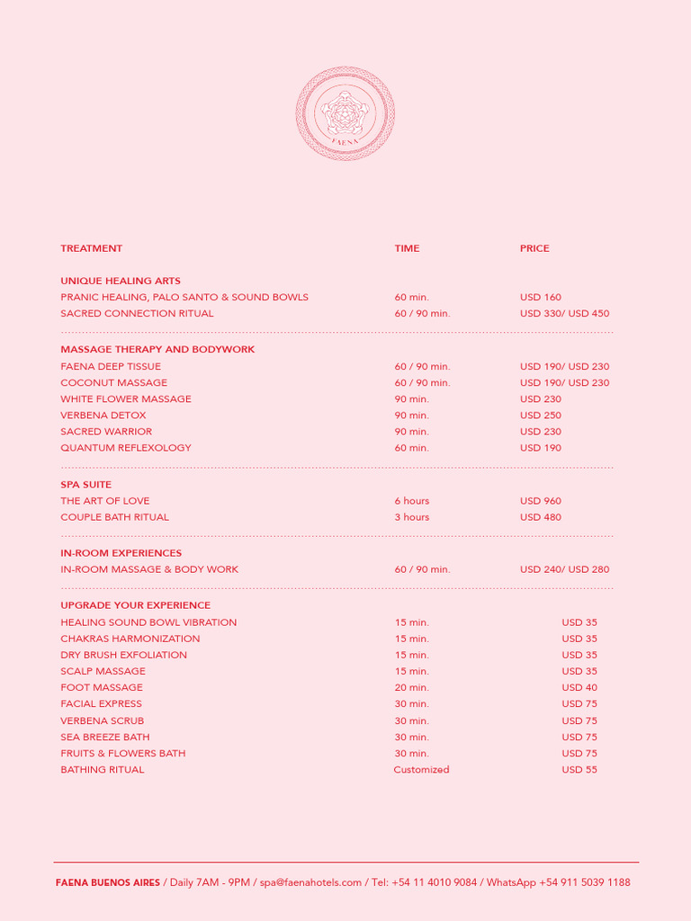 Faena Spa Menu | PDF | Massage | Manual Therapy