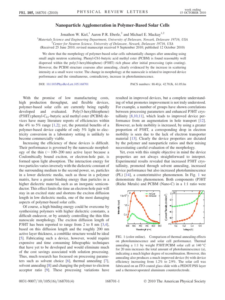 Nanoparticle Agglomeration in Polymer-Based Solar Cells | PDF | Solar ...